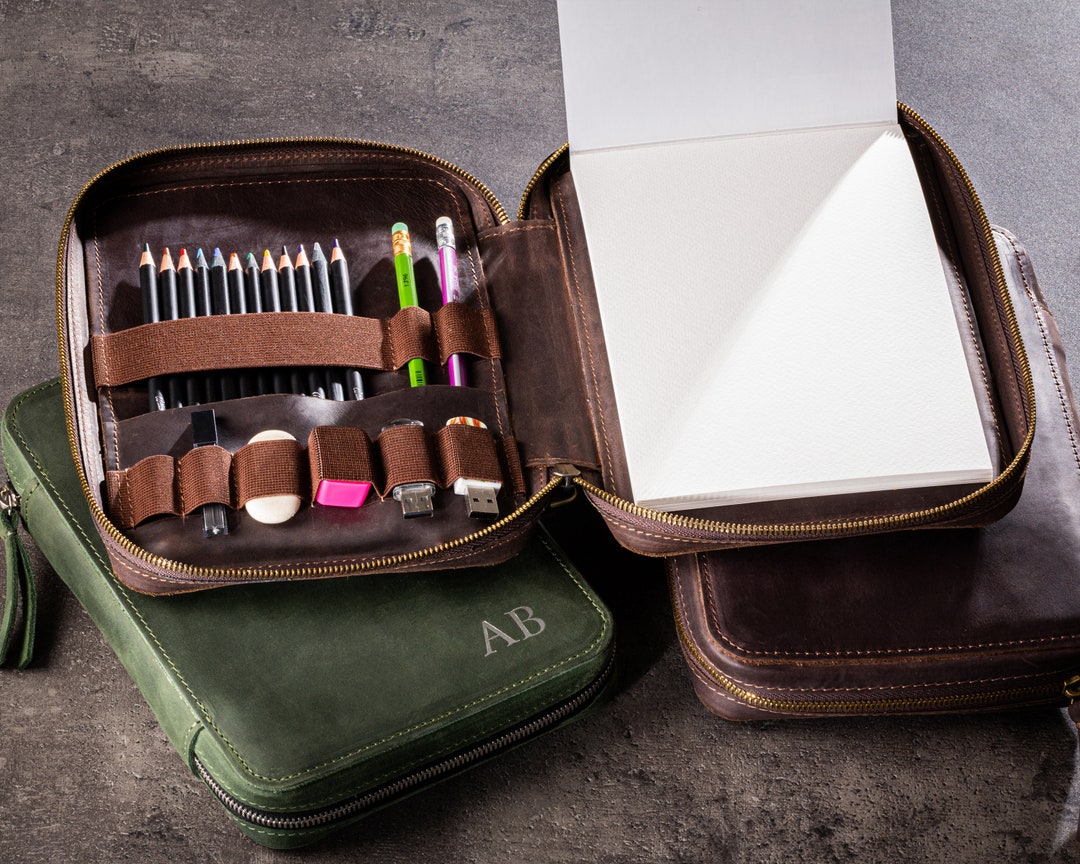 Leather Sketchbook Organizer With Zipper | A5 Drawing Journal Case With ...