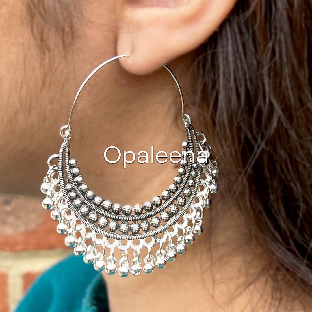 Stylish Oxidised Silver Chandbali Ghungroo Jhumki Earring Hoop Earring ...