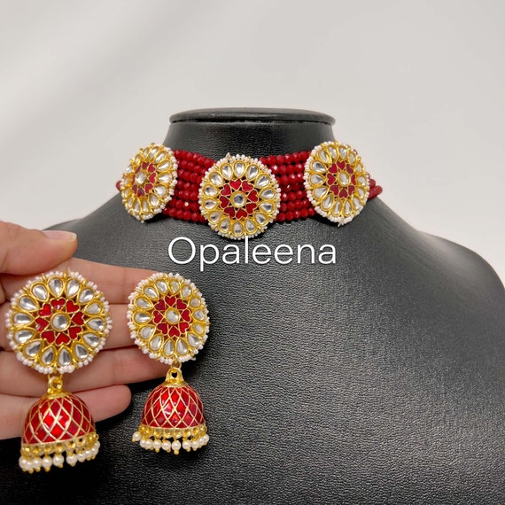 Red Beaded Necklace Set Polki Kundan Choker Set Indian Party Jewellery Pakistani Wedding Jewellery Punjabi Cocktail Jewellery Bridal Jewelry Etsy