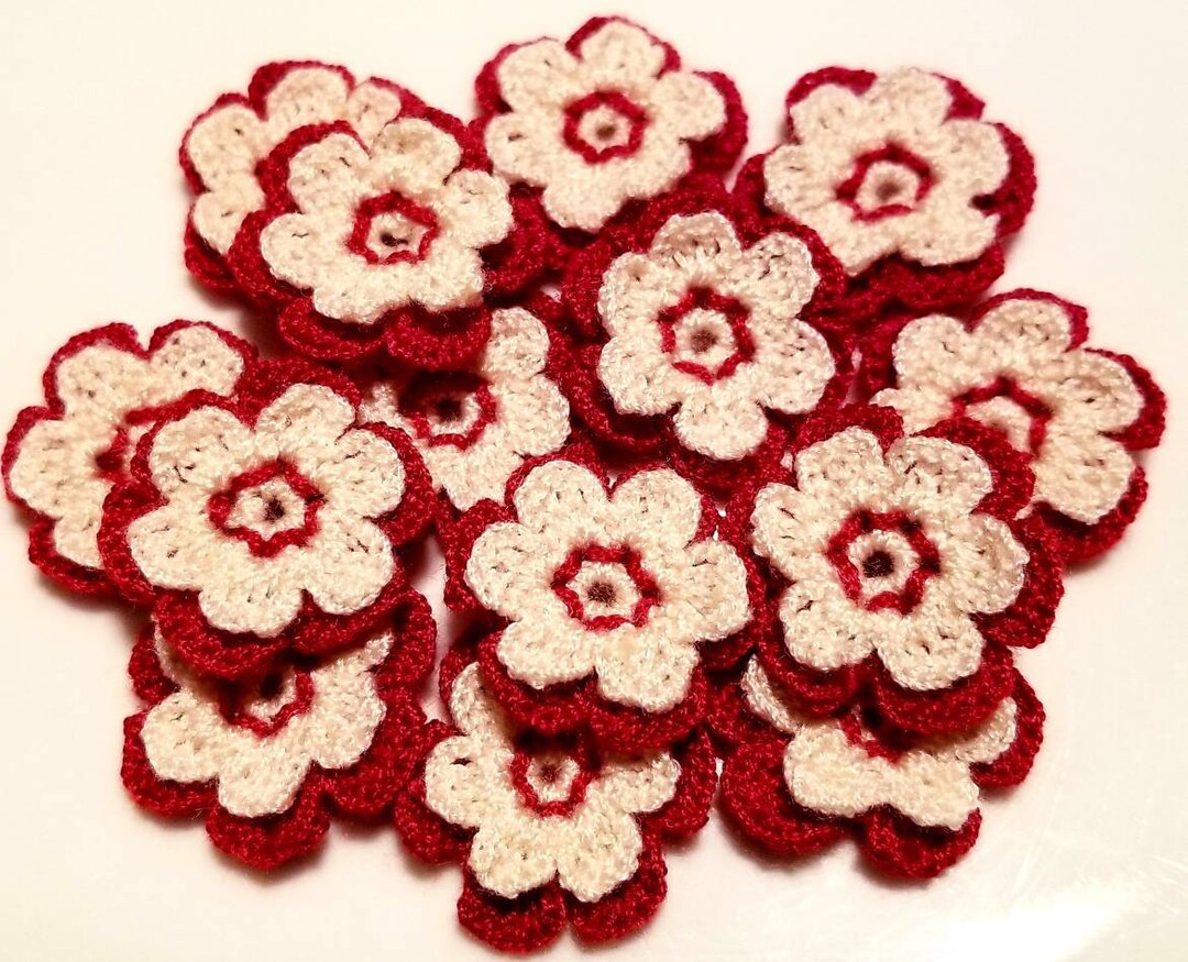 10 Crimson Red & Ivory Crochet Flowers, Double Layer Flowers ...