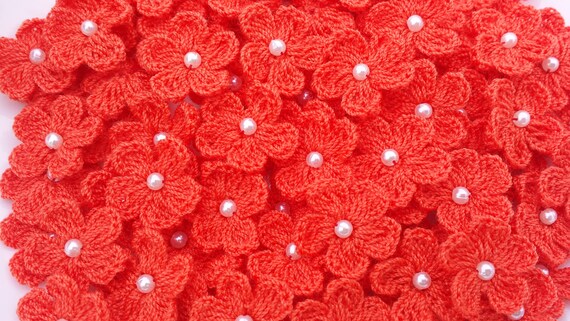 25 Deep Orange Mini Crochet Flowers With Small Pearl Beads - Etsy