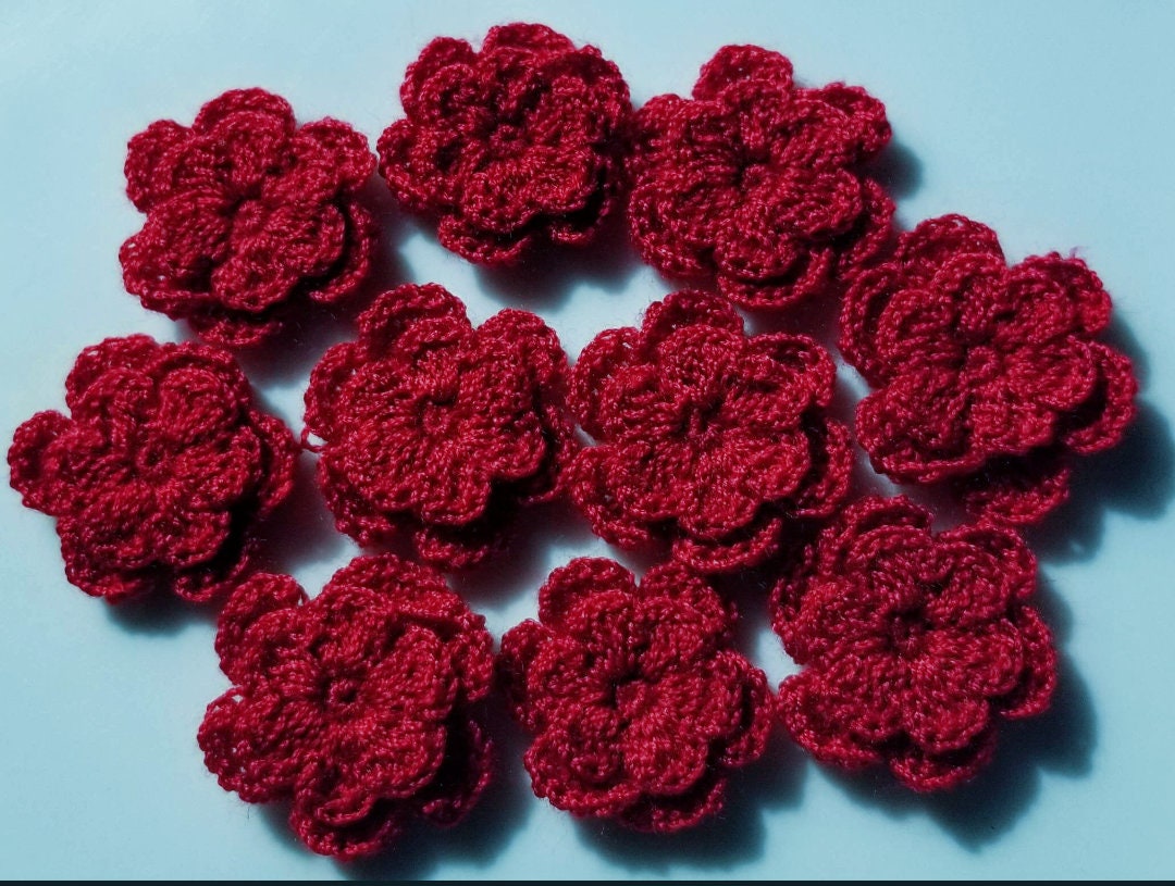 10 Crimson Red 2-layer Crochet Flowers, Double Layer Flowers ...