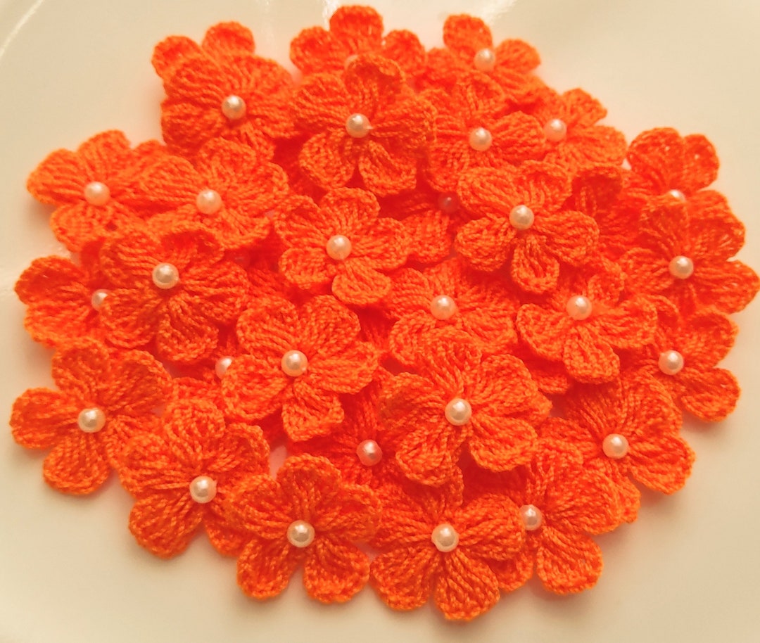 25 Orange Mini Crocheted Flowers With Small Pearl Beads, Fluorescent ...