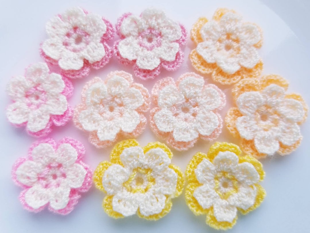 10 Sunrise & Ivory Crocheted Flowers, Double Layer Flowers ...