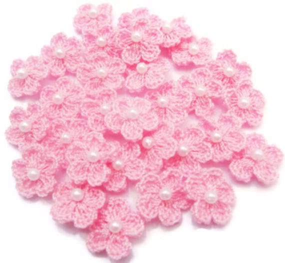 25 Pink Mini Crochet Flowers With Small Pearl Beads About 3/4 | Etsy