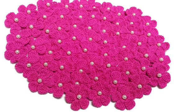 25 Hot Pink Mini Crochet Flowers with Small Pearl beads Pink | Etsy