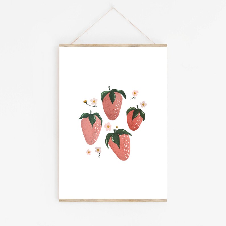 Strawberry Flower Print, Wall Decor, Fruit, Gauche Painting, ART Print ...