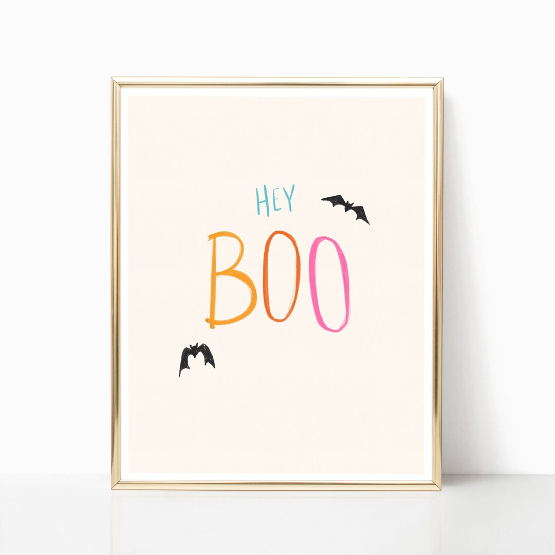 Colorful HEY BOO, HALLOWEEN Illustration, Bat Print, Wall Decor, Bright ...