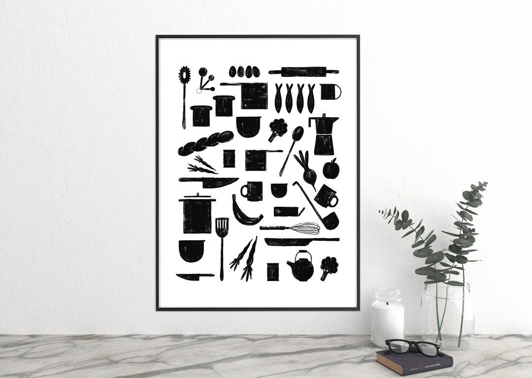 Modern PRINTABLE Wall Art, Black Illustrated Kitchen Tools Print Sign ...