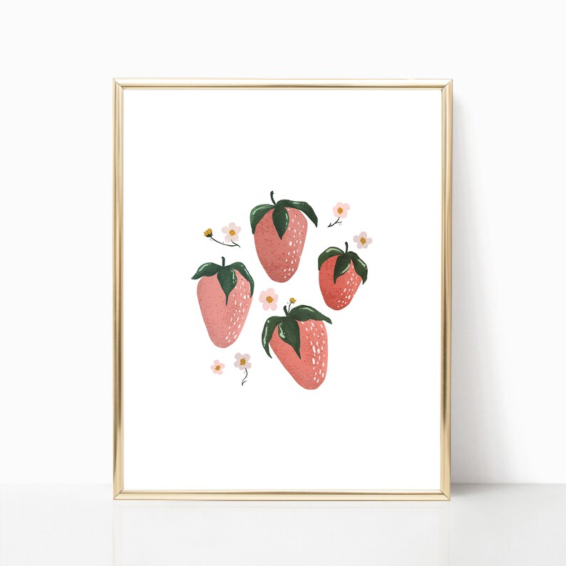 Strawberry Flower Print, Wall Decor, Fruit, Gauche Painting, ART Print ...