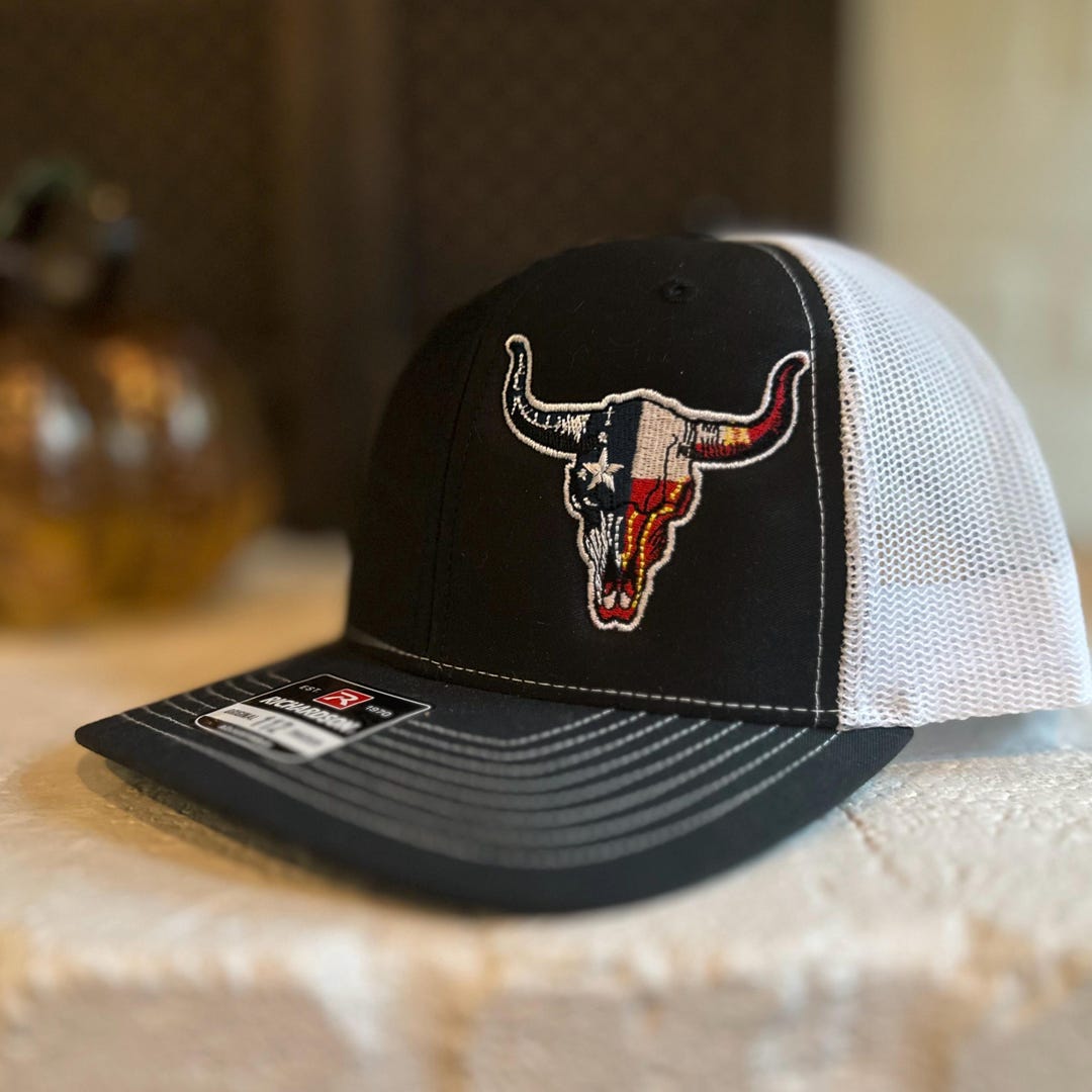 Texas State Cap, Bull Skull Flag, Embroidered Richardson 112 Snapback ...