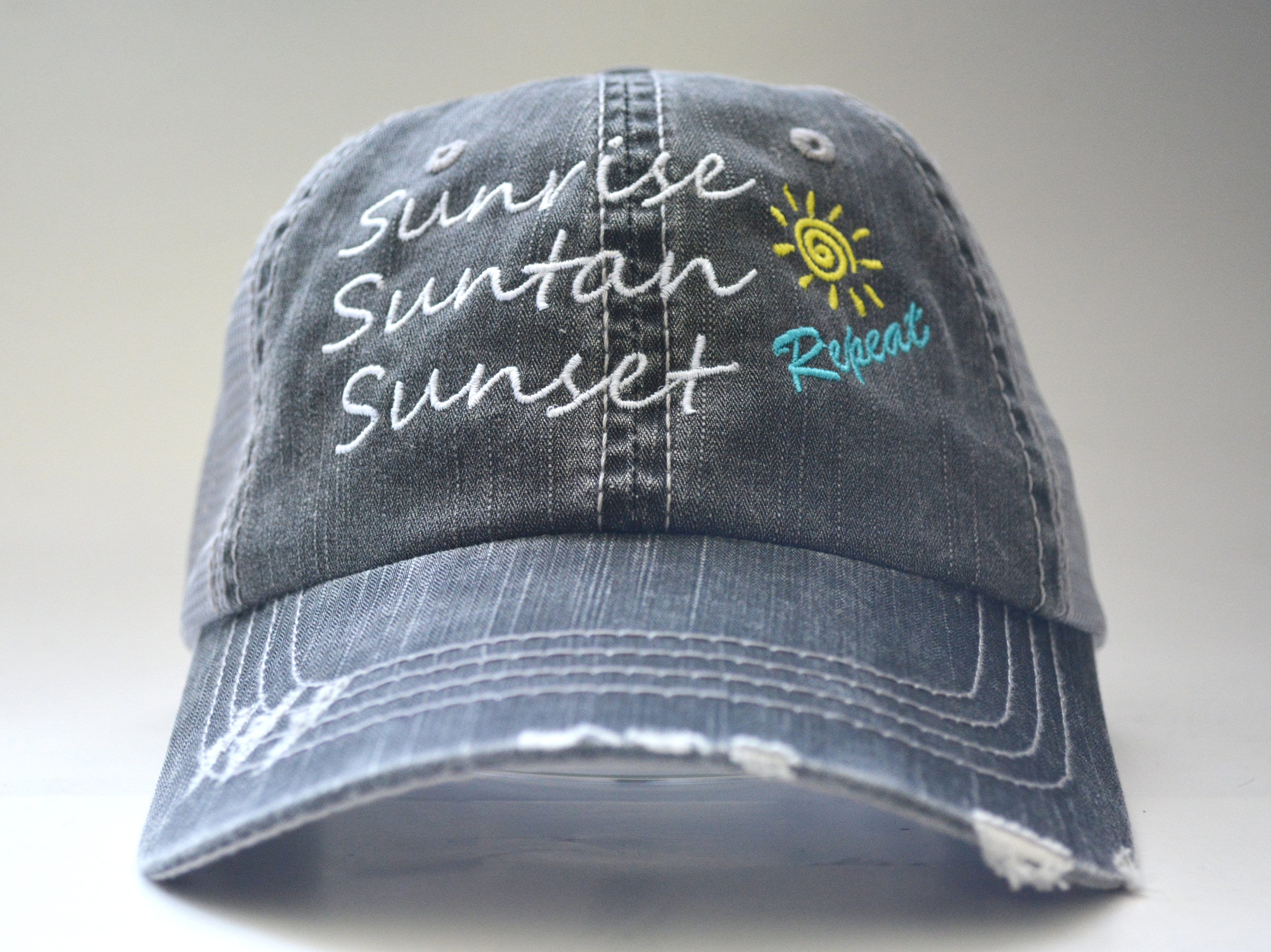 Sunrise Suntan Sunset Repeat Distressed Women Trucker Hat Mesh Back ...