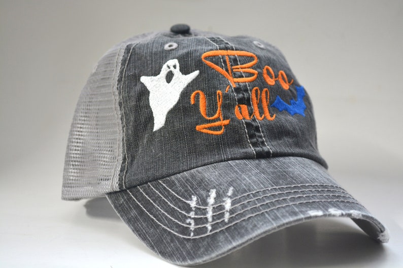 Boo Y'all Distressed Halloween Hat Sayings Ghost Bat Embroidered Custom ...