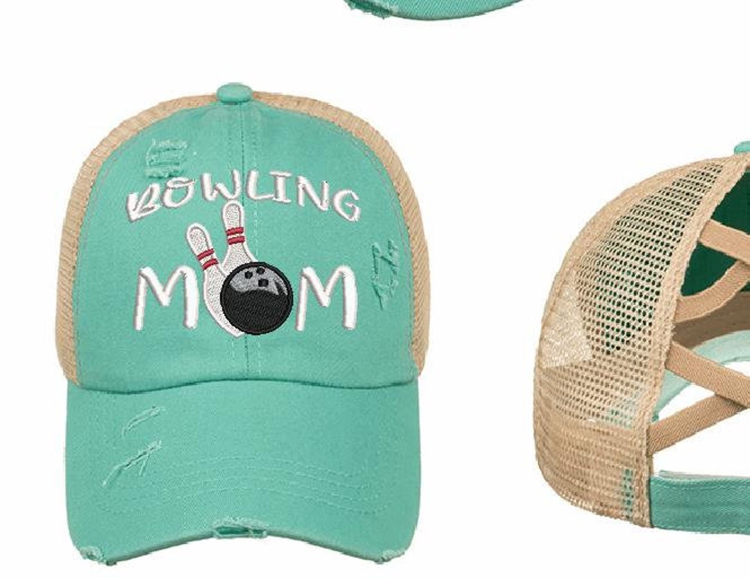 Bowling Mom Hat Criss Cross High Ponytail Messy Bun Cap Baseball Heart ...