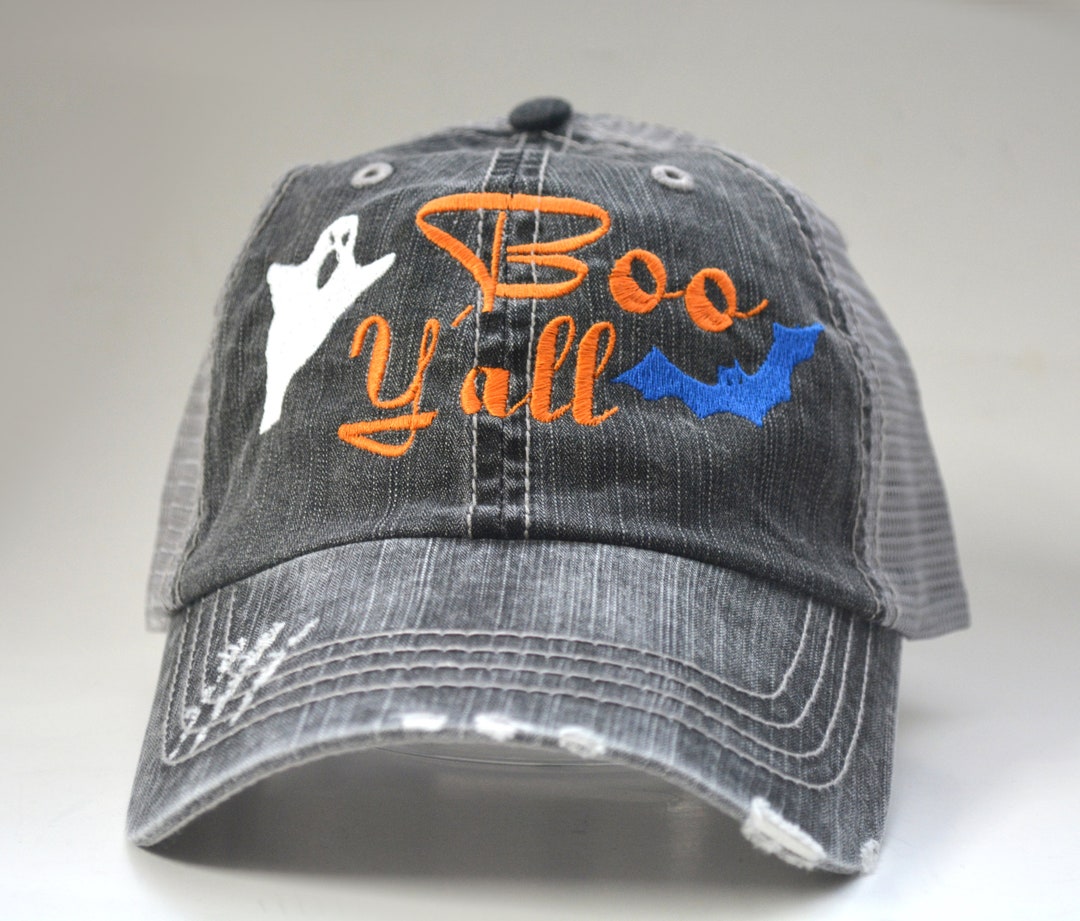 Boo Y'all Distressed Halloween Hat Sayings Ghost Bat Embroidered Custom ...