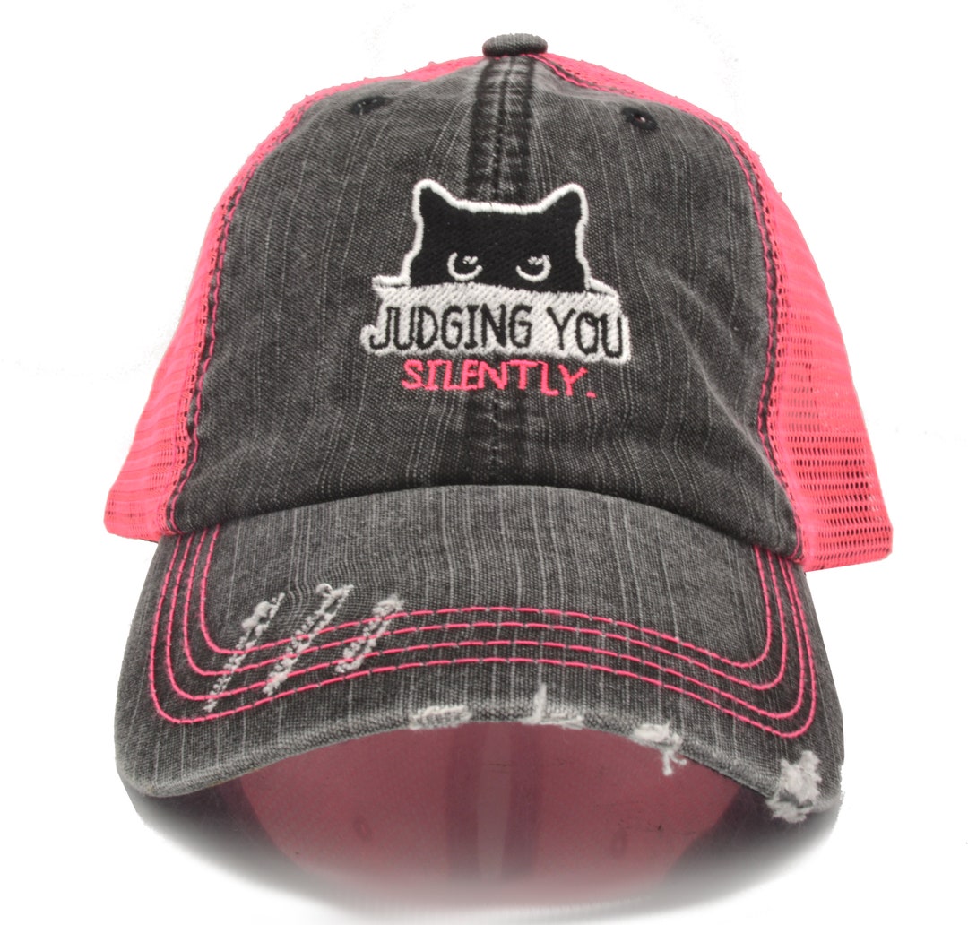 Black Cat Cap, Funny Judging You Silently, Distressed Trucker Hat ...