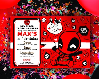 Invitación de cumpleaños de Deadpool - Etsy México
