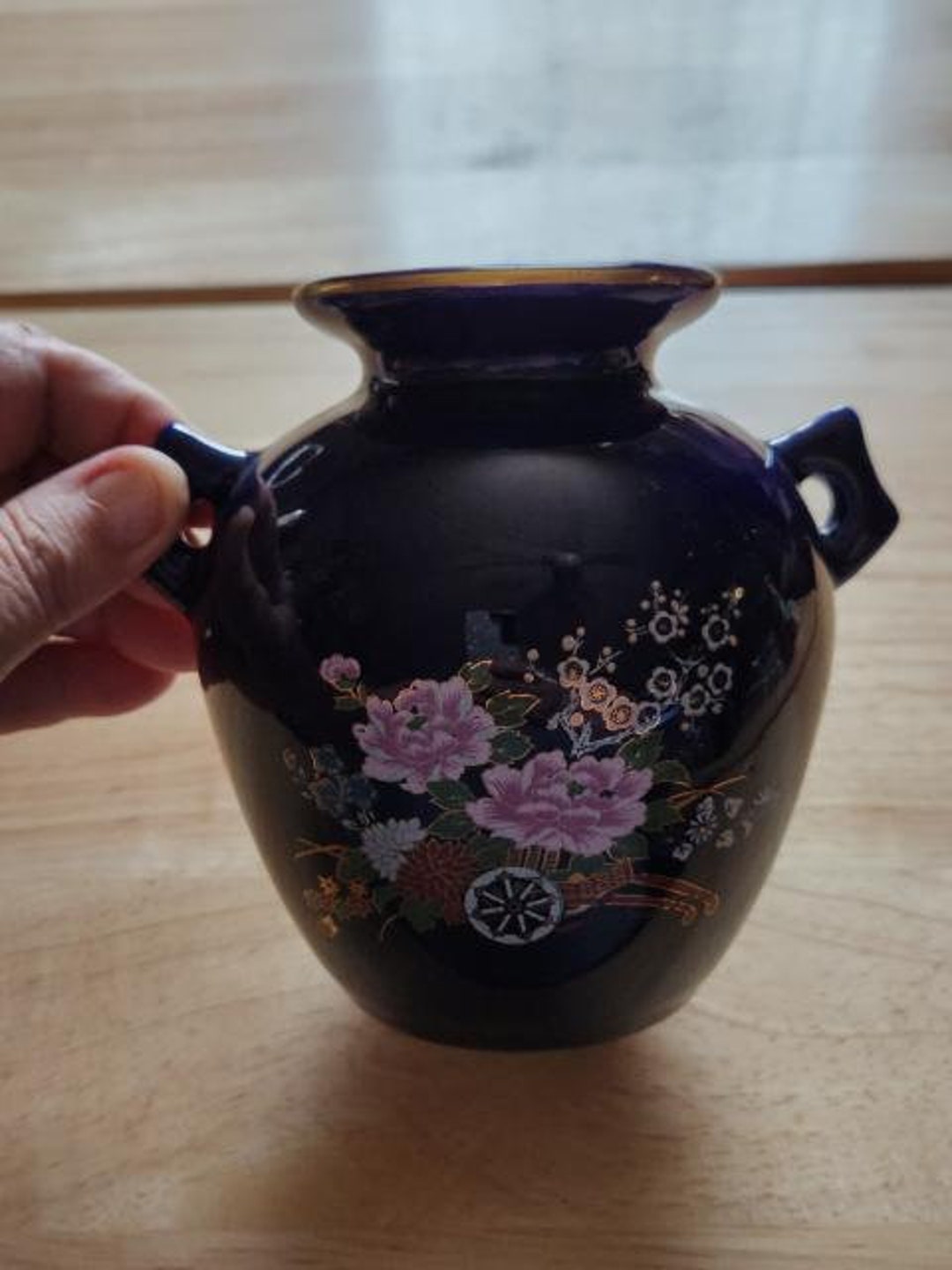 Cobalt Blue Ceramic Flower Vase With Asian Design - Etsy