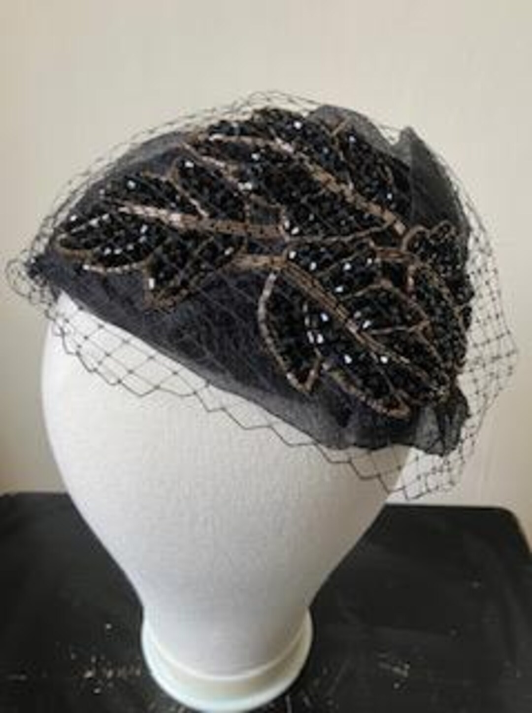 Nora 40s Style Black Net & Beaded Leaf Hat Fascinator - Etsy