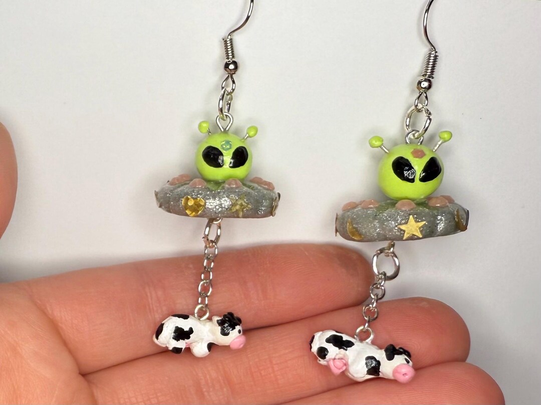 Handmade UFO Earrings – Polymer Clay Alien Abduction With Dangling Cow ...