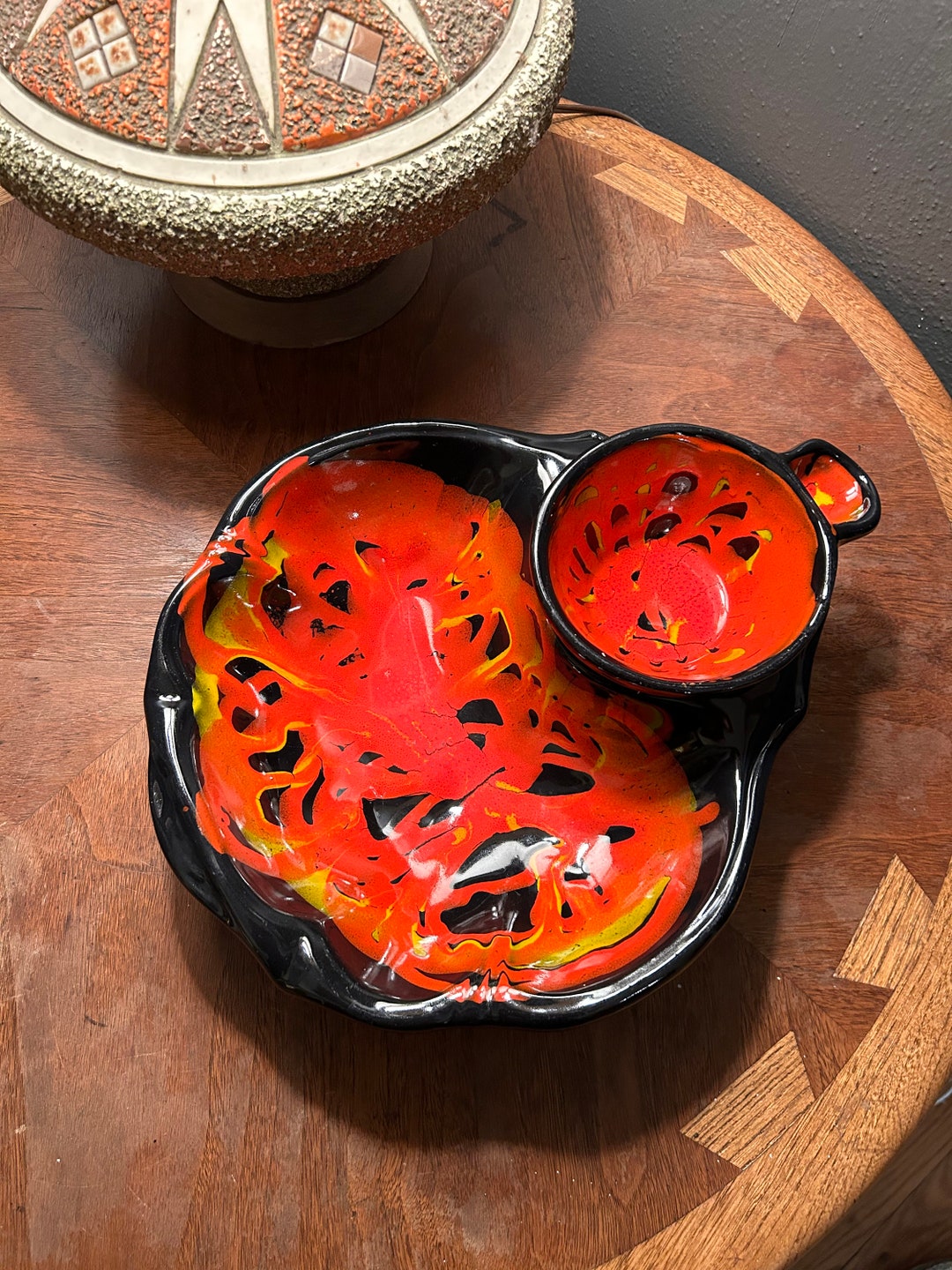 Gorgeous, Fiery Vintage California Original USA Pottery Chip & Dip Set ...