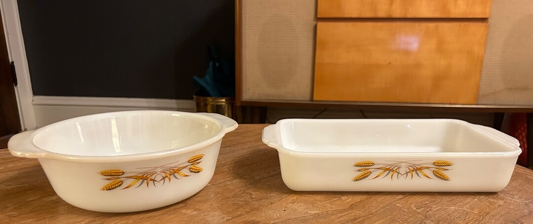 Vintage Milk Glass Fire King Baking and Serving Dishes / Golden Wheat ...