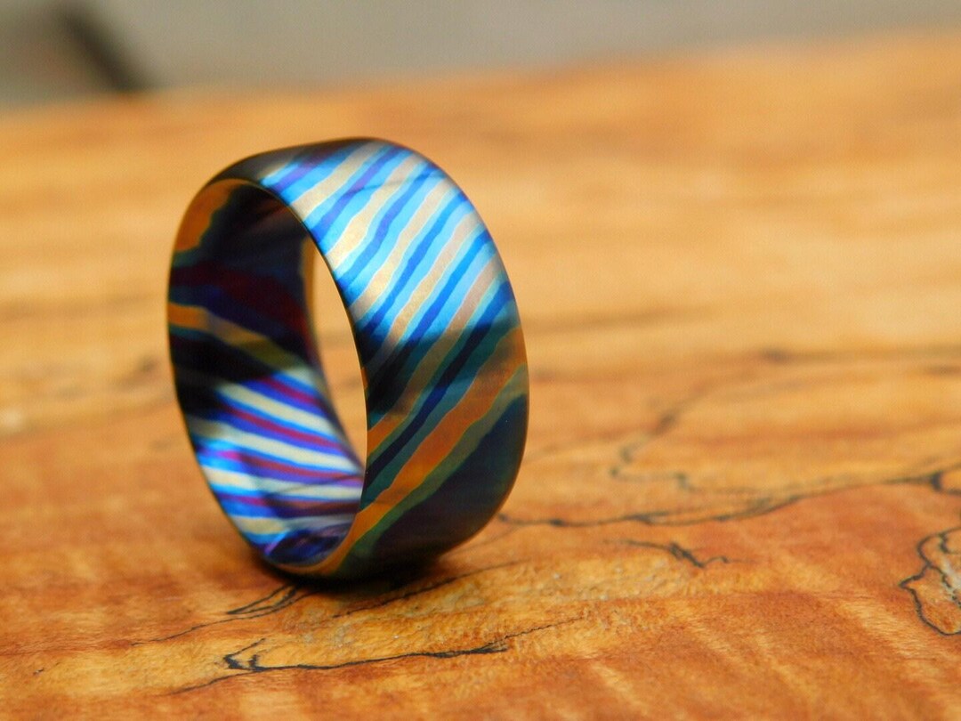 Flame Anodized Timascus Ring, Solid Metal Band - Etsy