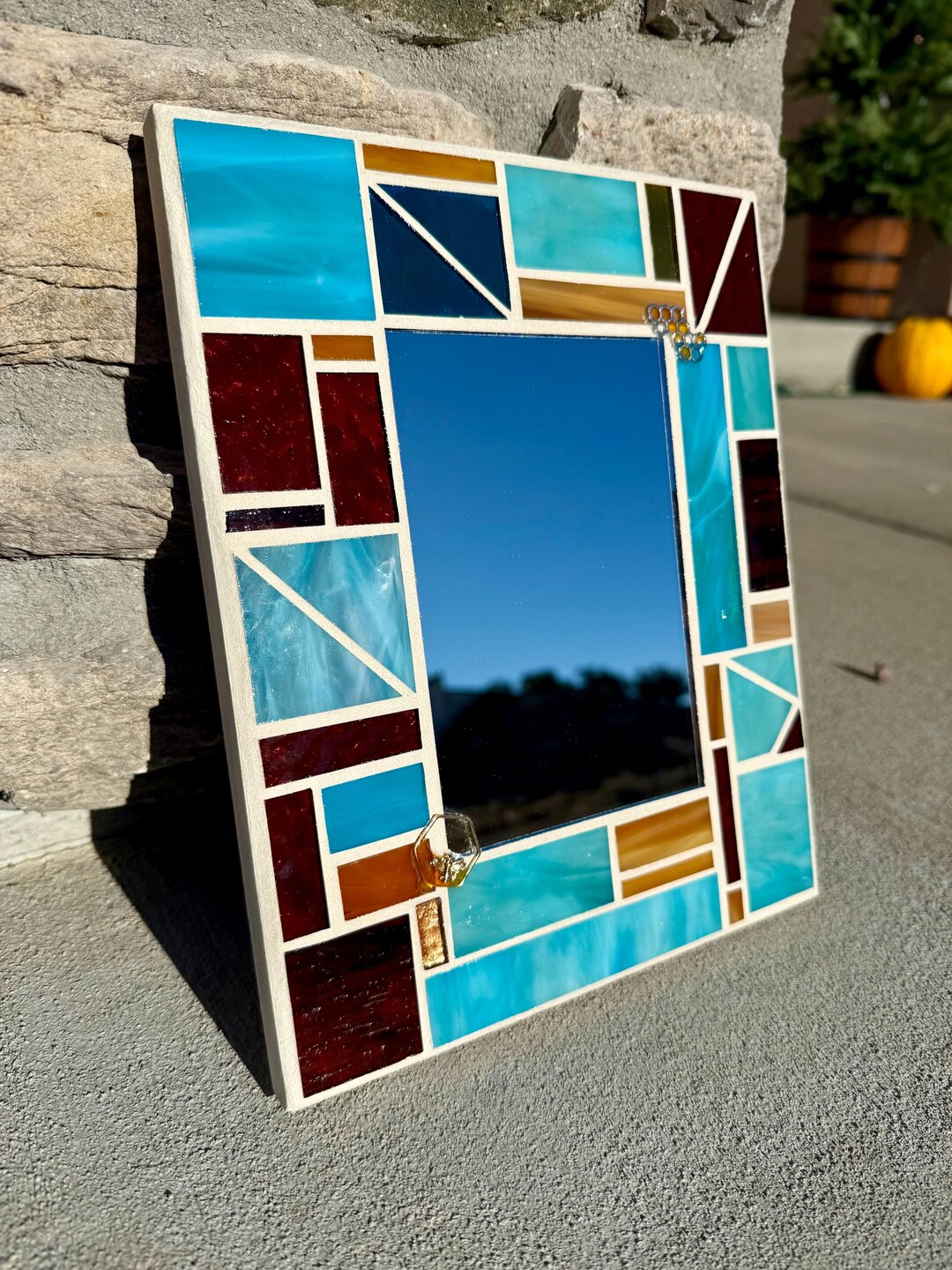 Stained Glass Mosaic Mirror, Mosaic Mirror, Honey Bee Decor, Blue ...