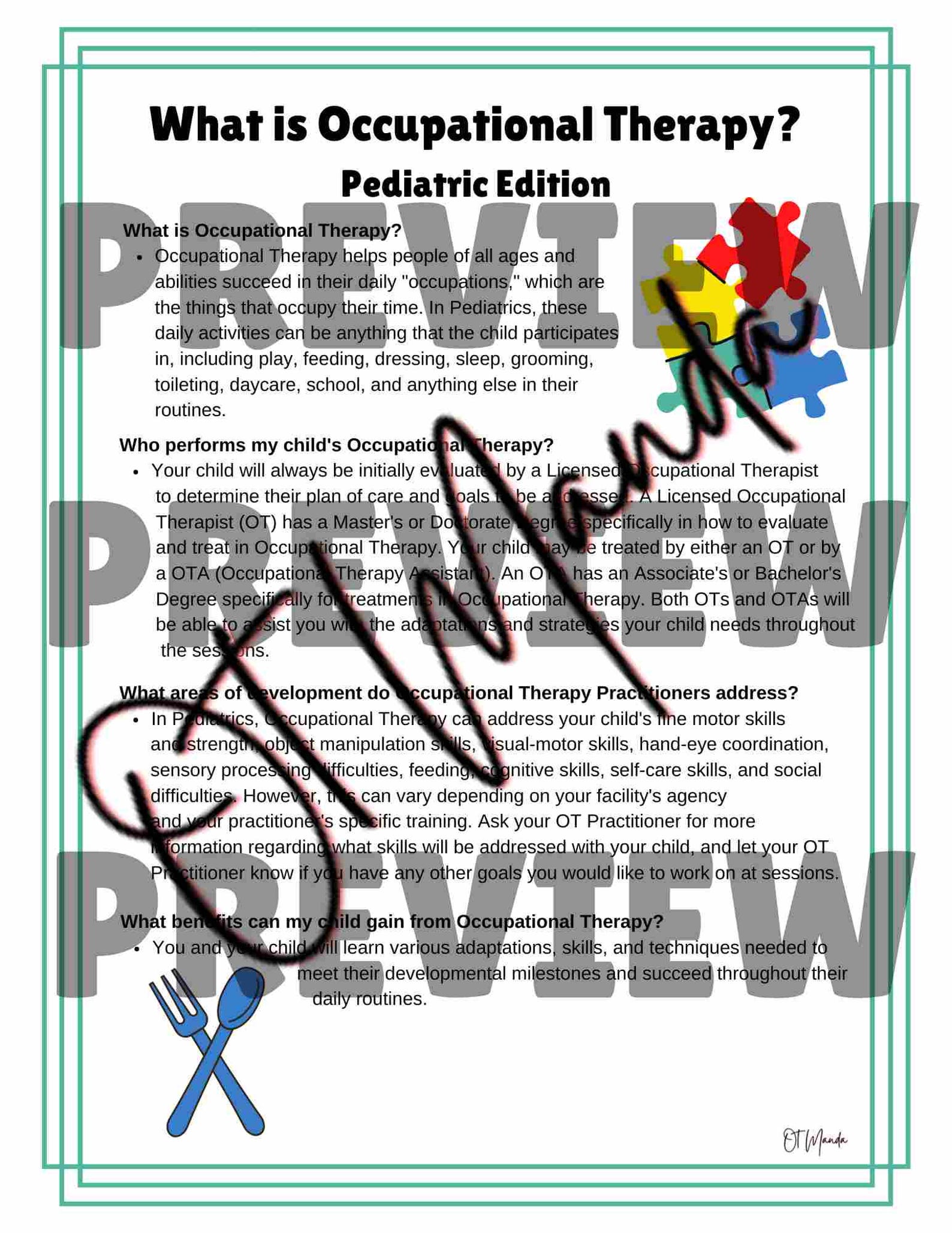 What is Occupational Therapy Parent Handout Pediatric Edition | OT ...