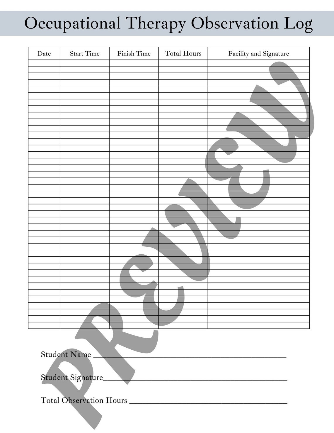 Occupational Therapy Observation Log for OT and COTA Pre-ot Students - Etsy