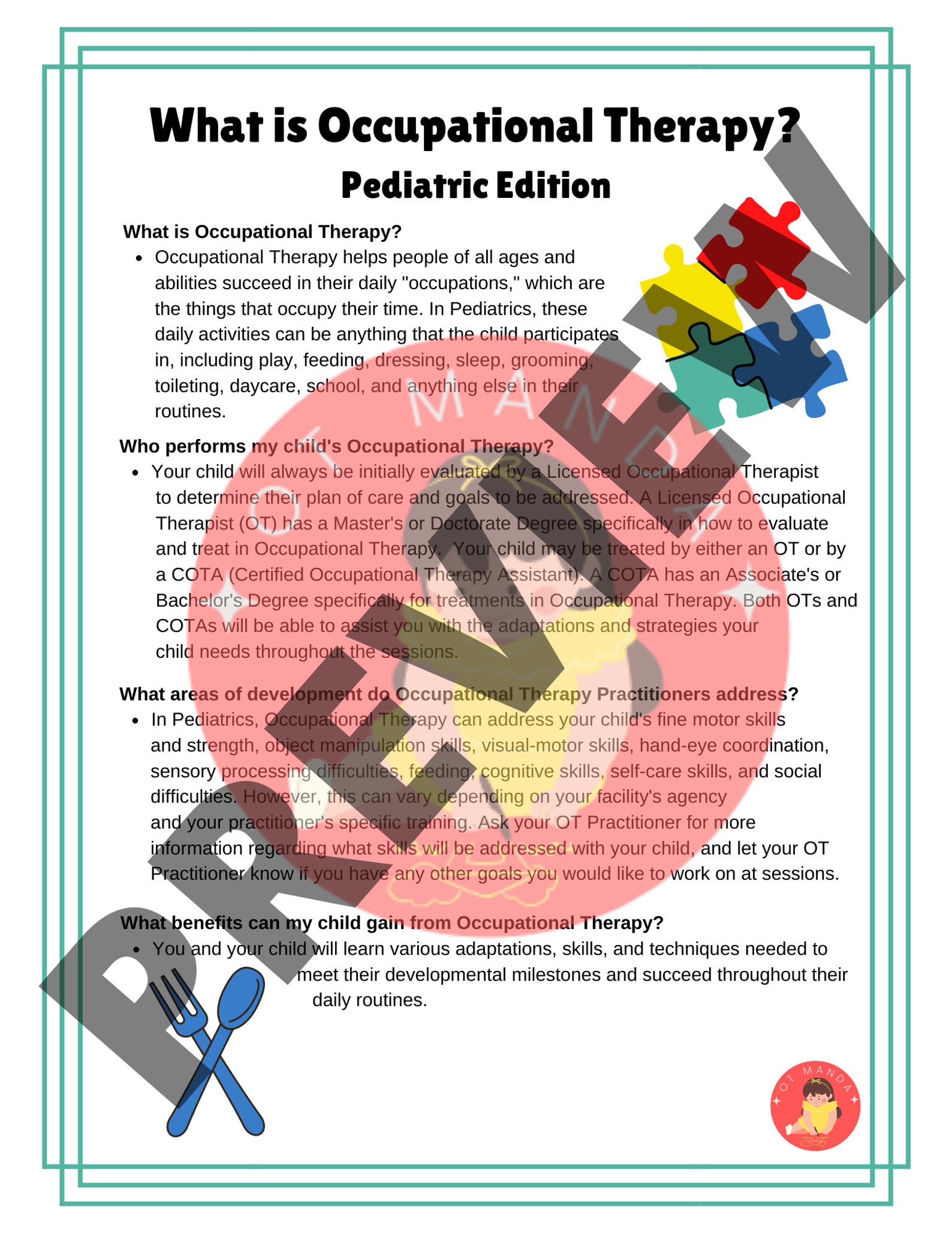 What is Occupational Therapy Parent Handout Pediatric Edition OT ...