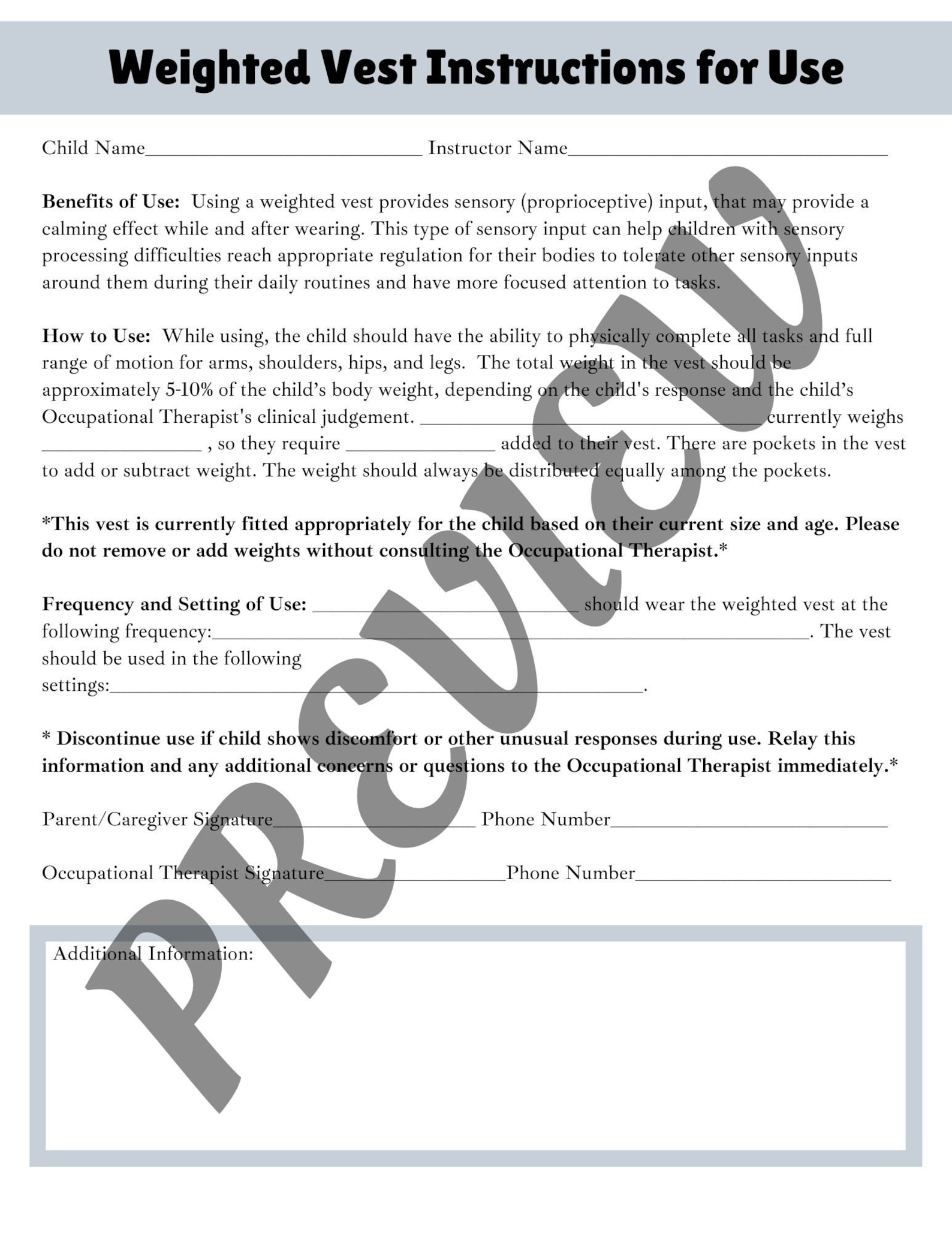 Weighted Vest Instructions for Use for Parents and Caregivers | School ...