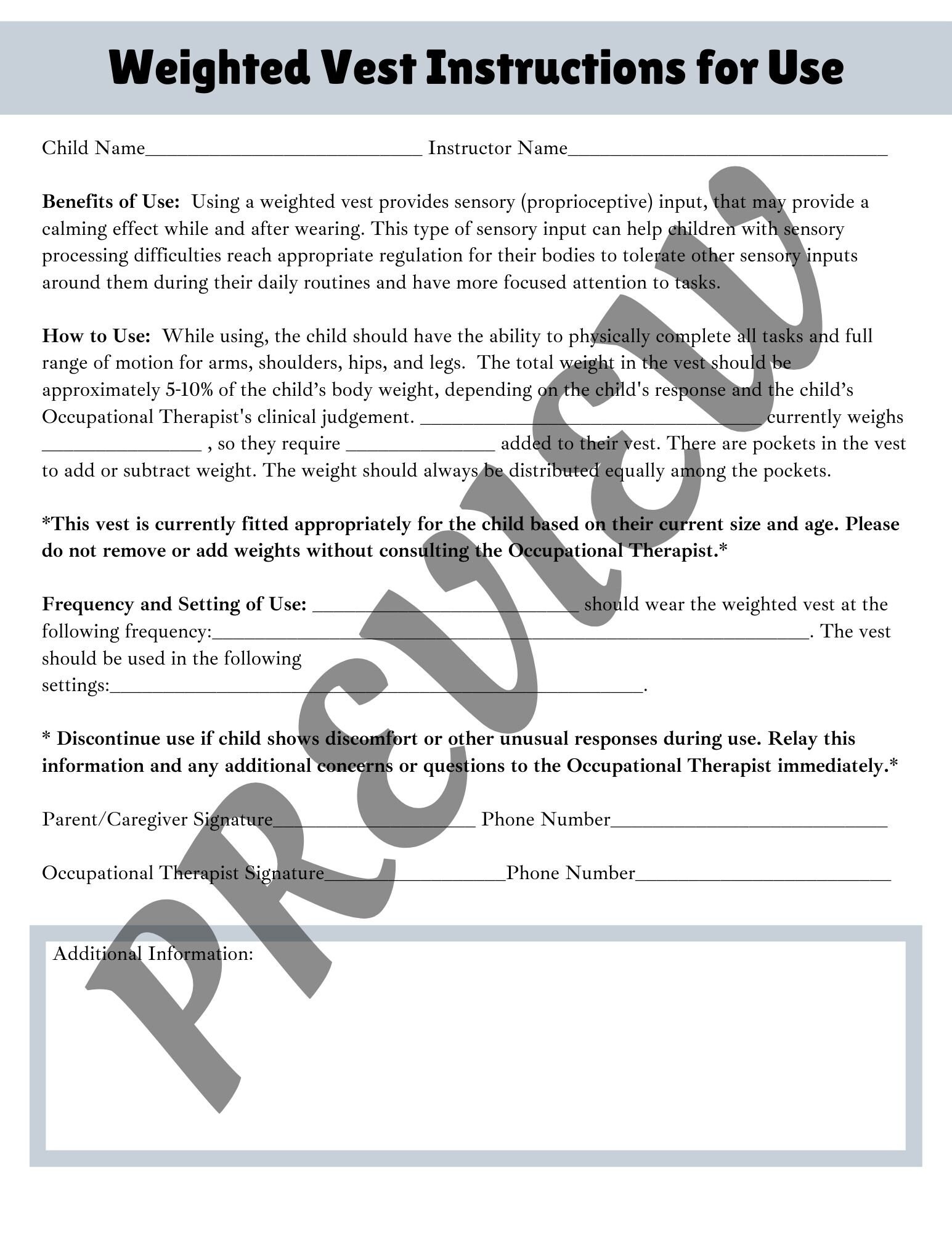 Weighted Vest Instructions, Tracking Log, Wearing Schedule, and ...