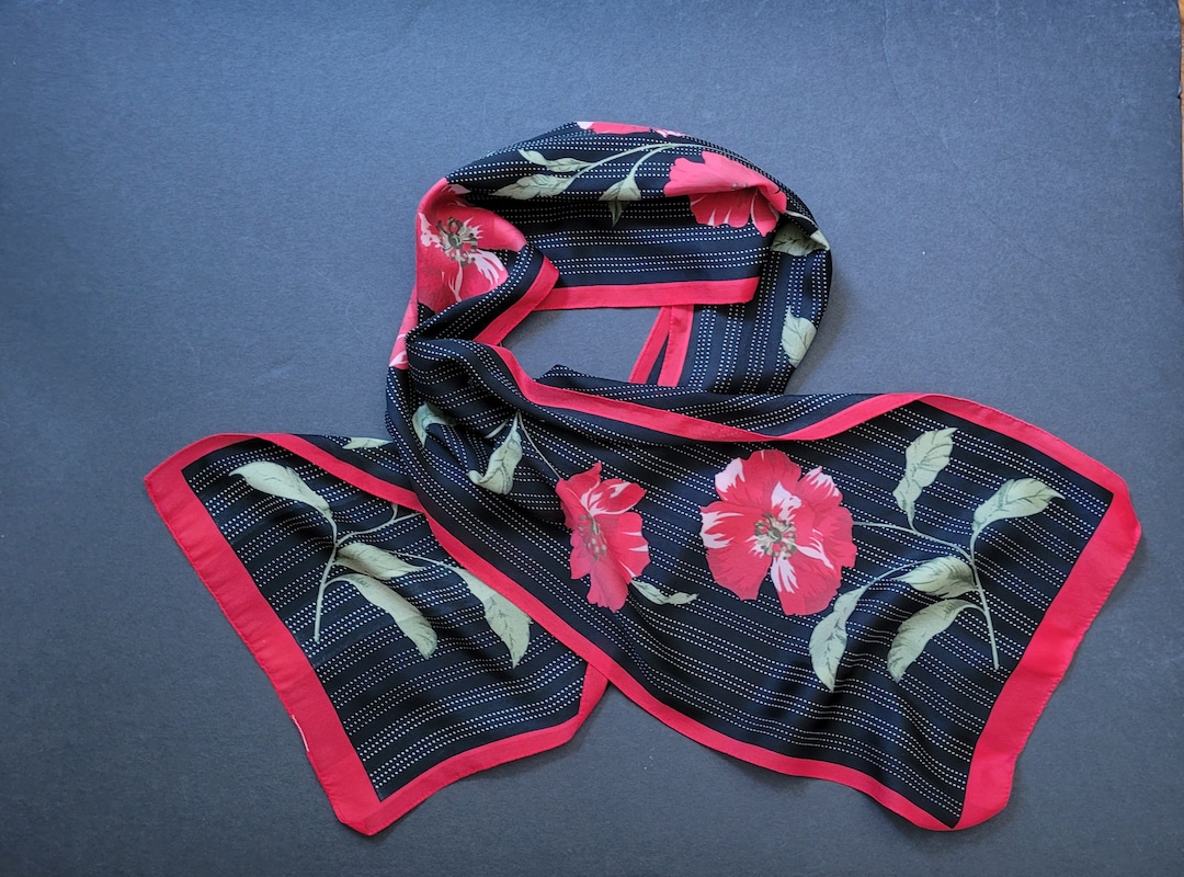 Vintage Black With Red Flower Long Scarf, Red Rose Scarf, 57" X 11" - Etsy