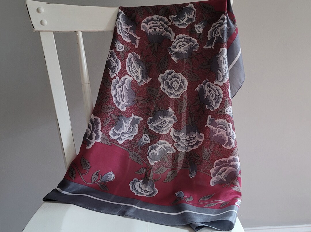 Vintage Red and Gray Rose Flower Scarf, Accompli Floral Square Silk ...