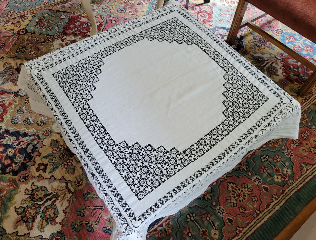 Vintage White Pulled Thread Embroidered Square Tablecloth, 42" X 42" - Etsy