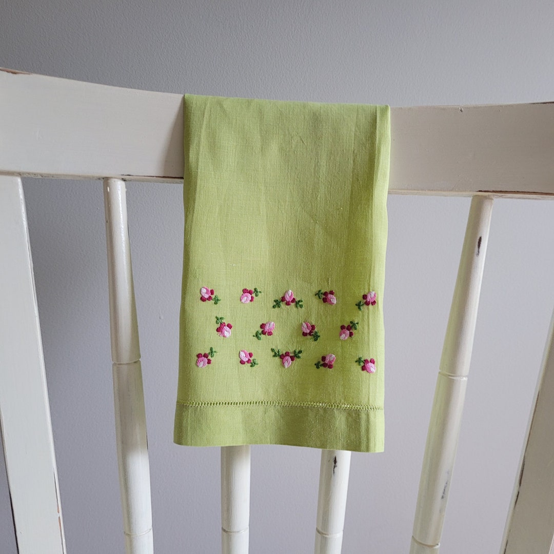 Vintage Chartreuse With Embroidered Pink Flower Tea Towel, Yellow Green ...