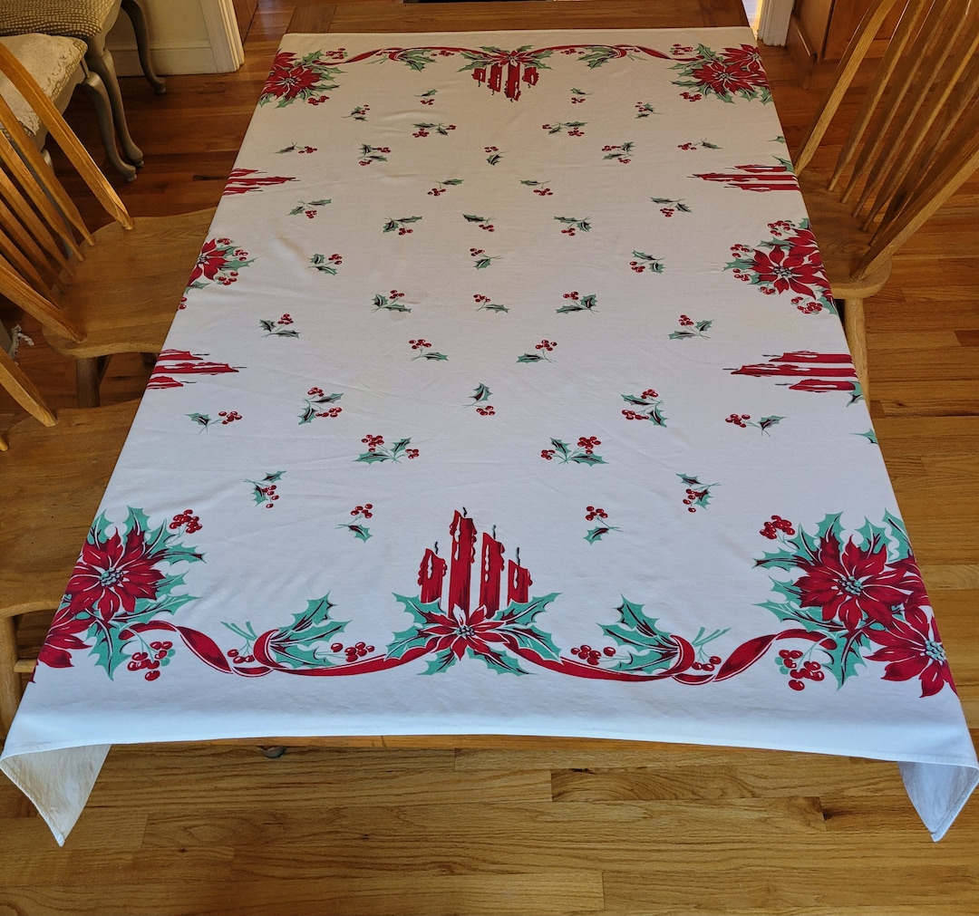 Vintage Christmas Red Poinsettia and Candle Tablecloth - Etsy