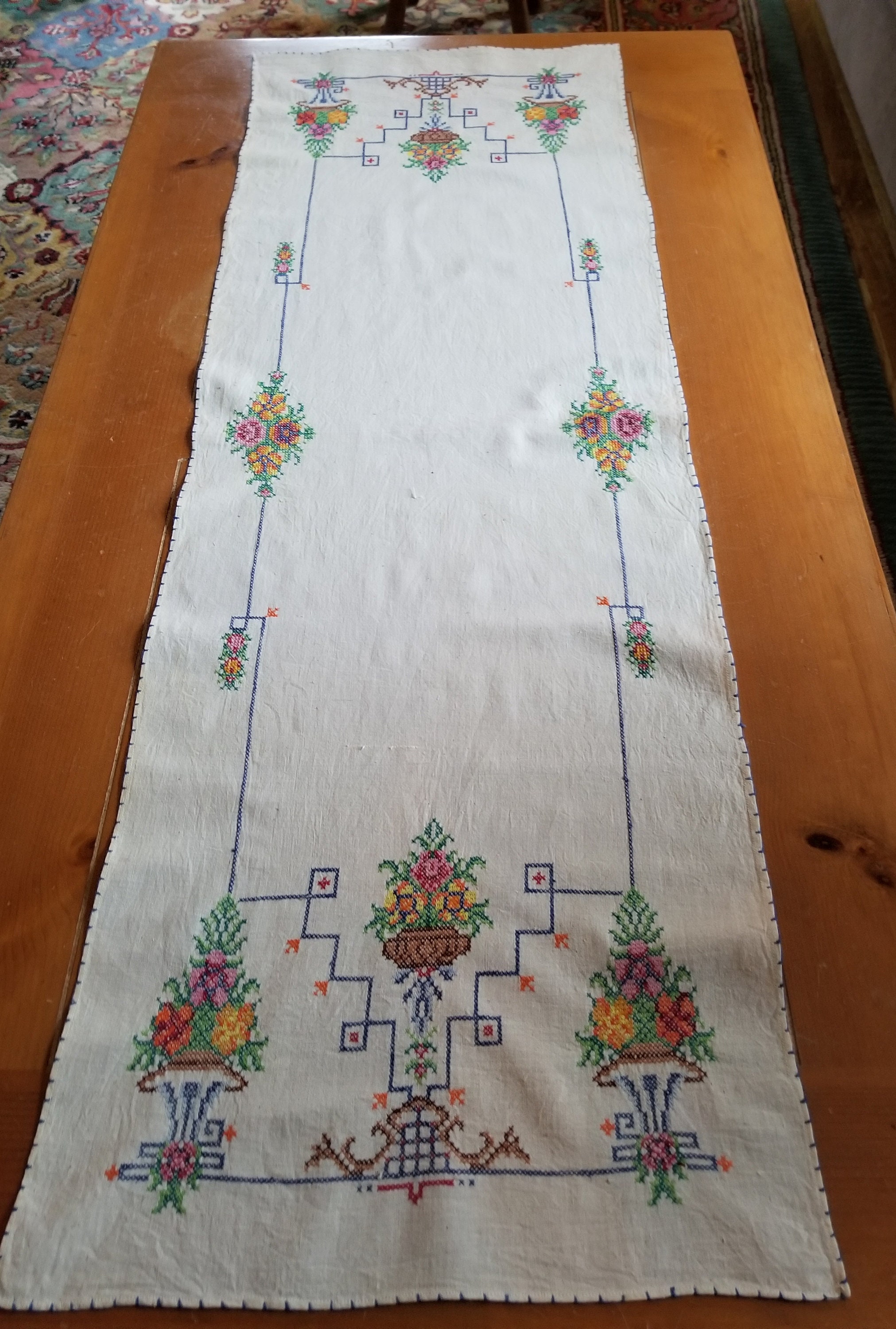 Vintage Table Runner Flower Design Multi Color Linen - Etsy.de
