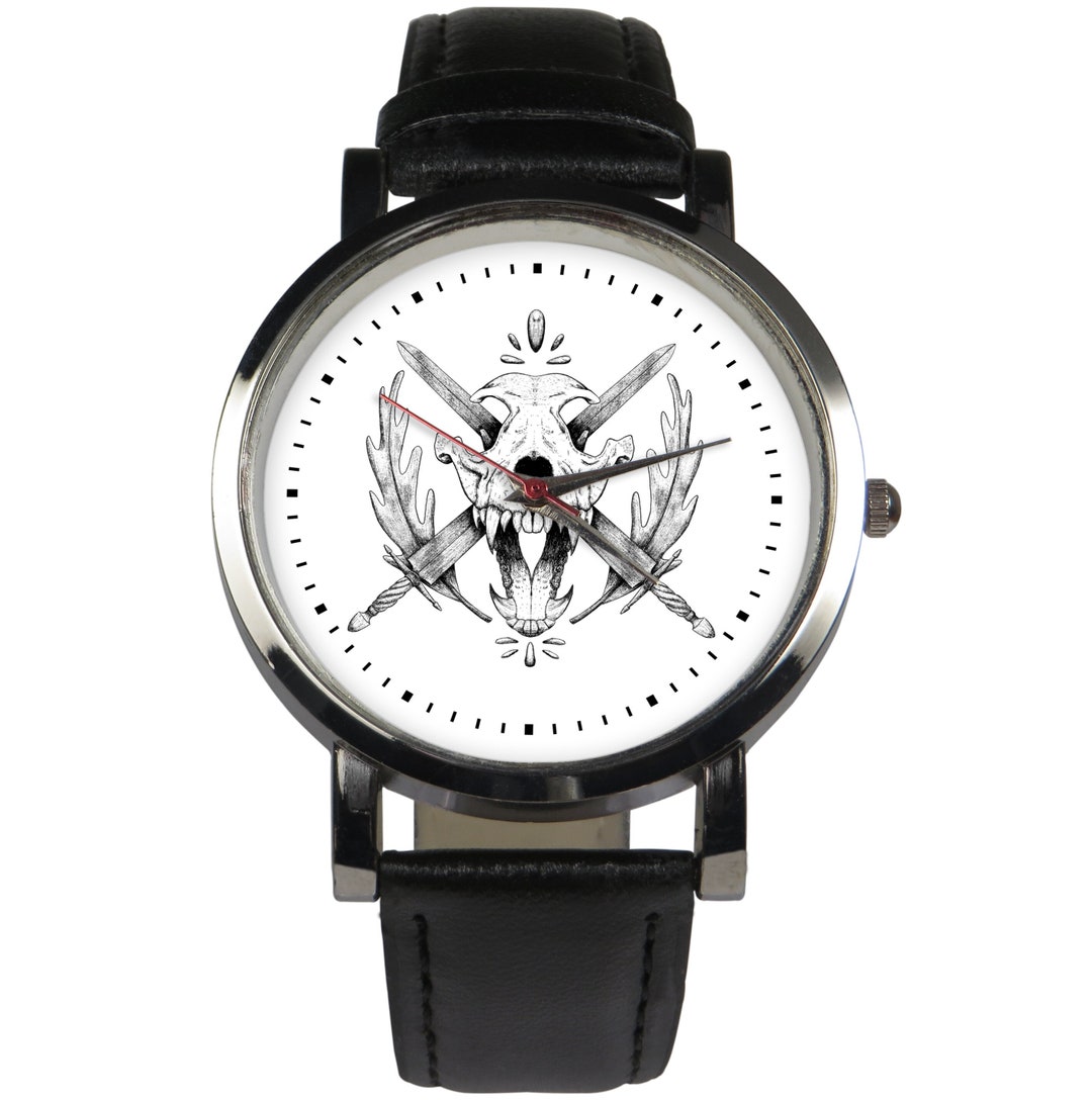 Handmade Wolf Skull & Swords Watch: Gothic Leather Strap Wristwatch - Etsy