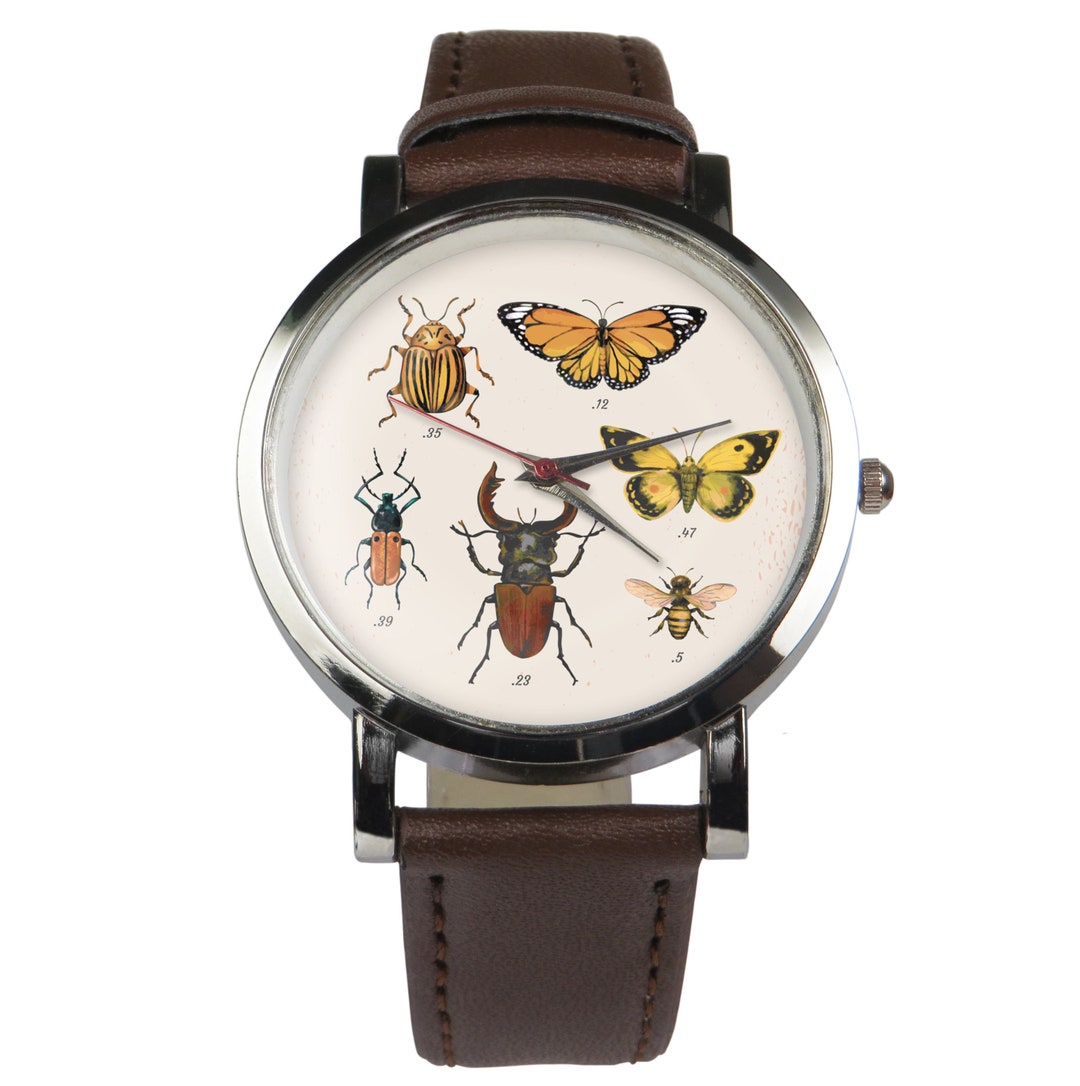 Insects Watch: Butterfly & Beetle Design, Leather Strap - Etsy