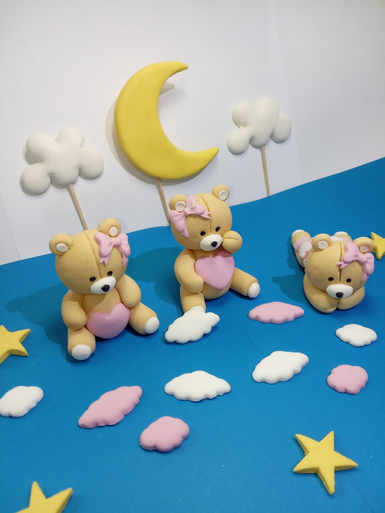 Fondant Teddy Bears With Moon and Clouds Cake Topper, Fondant Cake ...