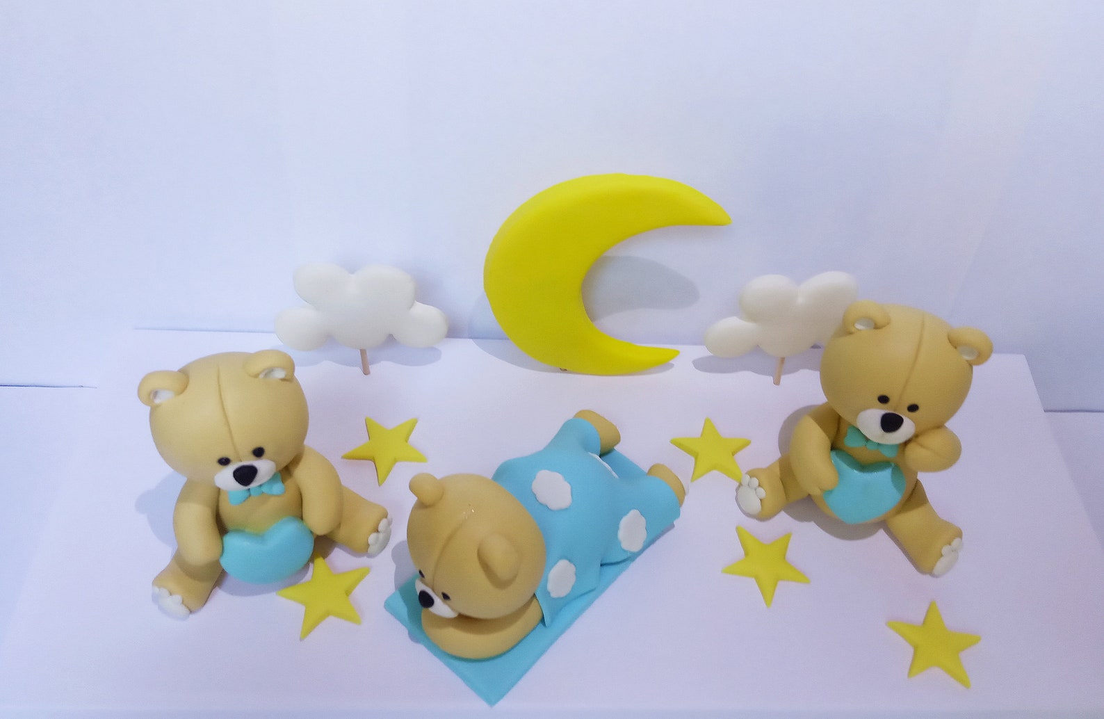 Fondant Teddy Bears With Moon and Clouds Cake Topper Fondant - Etsy
