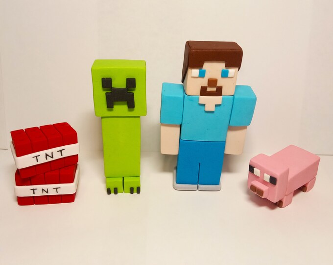 Minecraft Inspired Fondant Cake Topper Set, Steve, Creeper, Pig, TNT ...