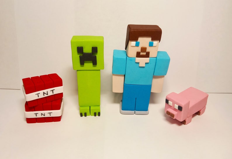 Minecraft Inspired Fondant Cake Topper Set, Steve, Creeper, Pig, TNT ...