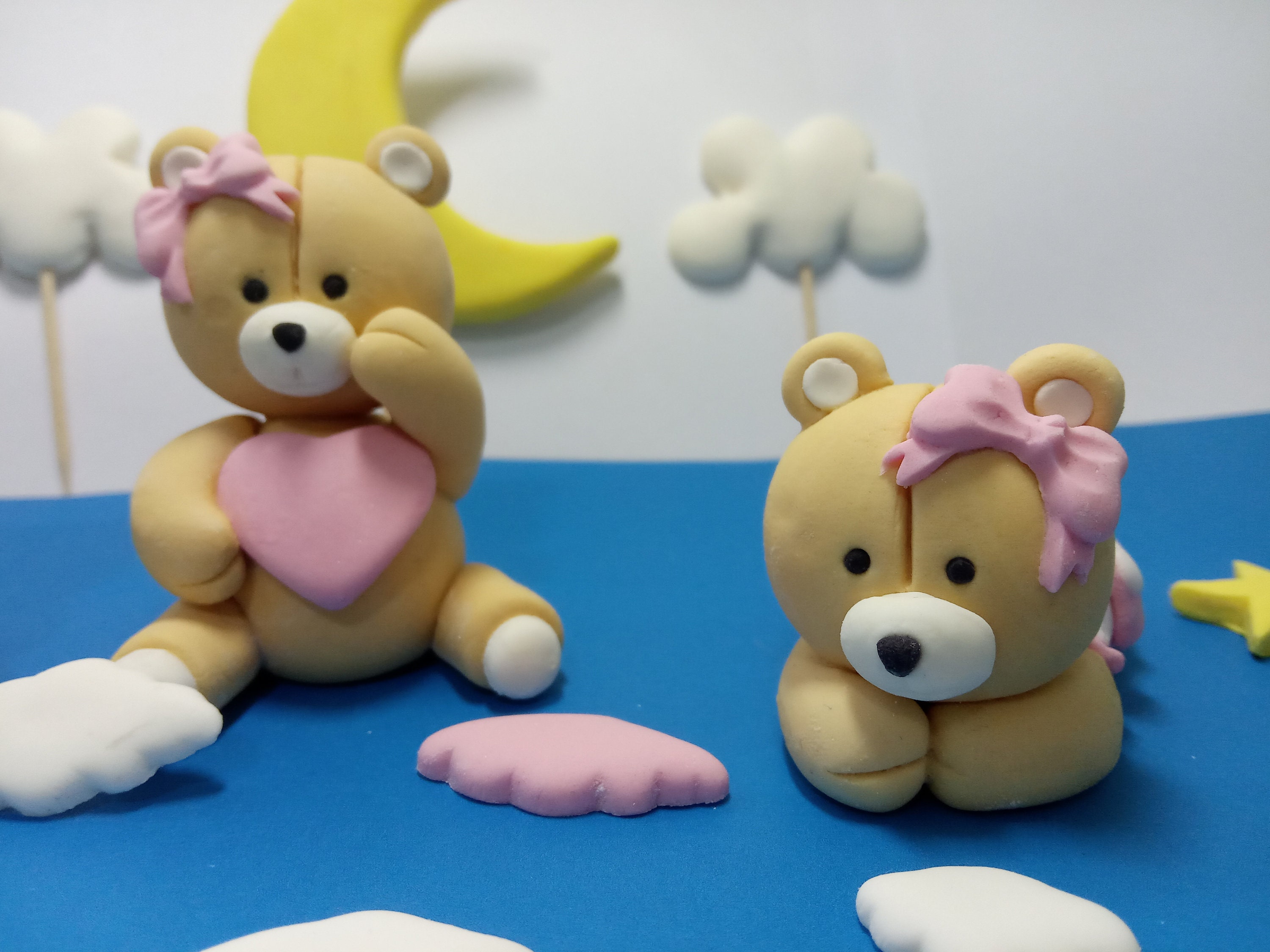 Fondant Teddy Bears With Moon and Clouds Cake Topper, Fondant Cake ...