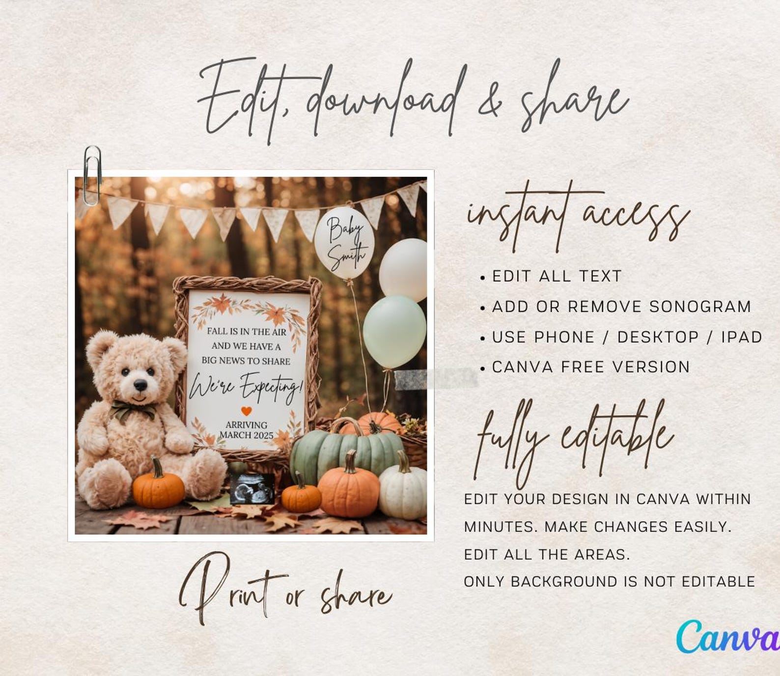 Fall Pregnancy Announcement Digital, Autumn Baby Reveal, Gender Neutral ...
