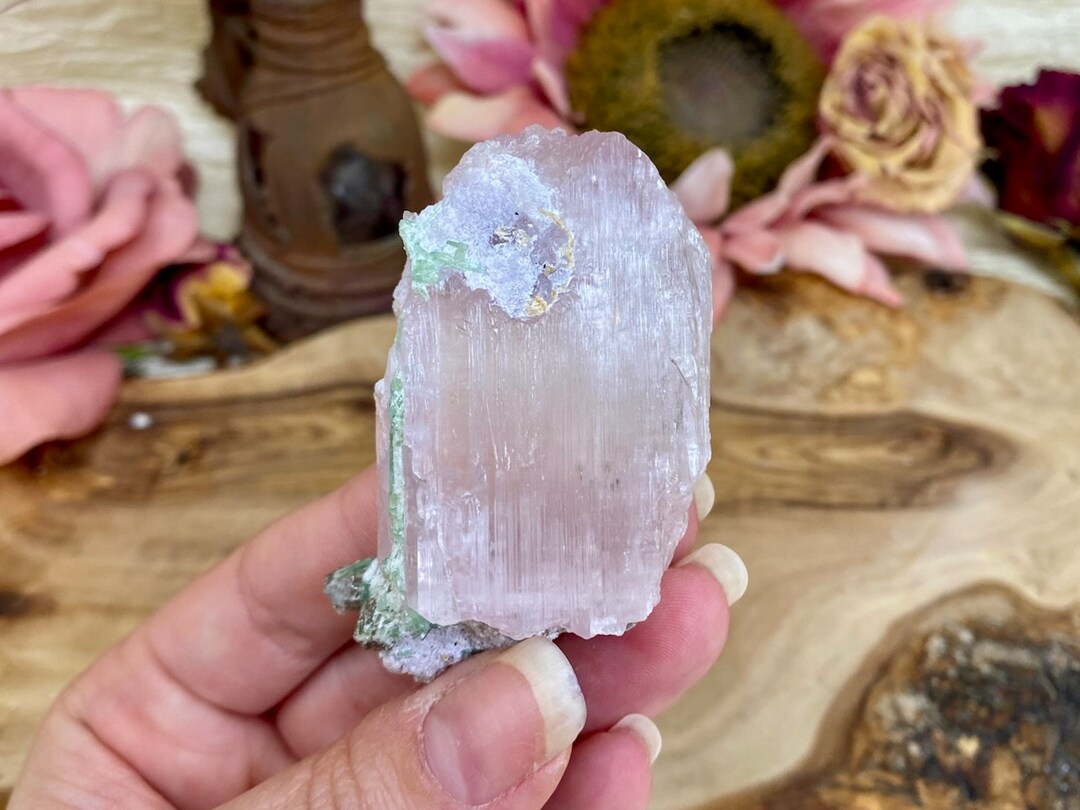 Pink Kunzite Crystal Specimen W/ Green Tourmaline & Quartz Inclusions ...