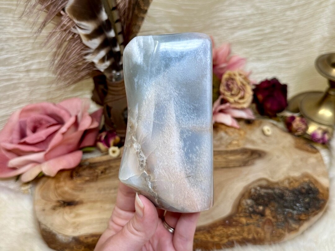 Peach Moonstone Crystal Palm Stone, Polished Black Moonstone Specimen ...