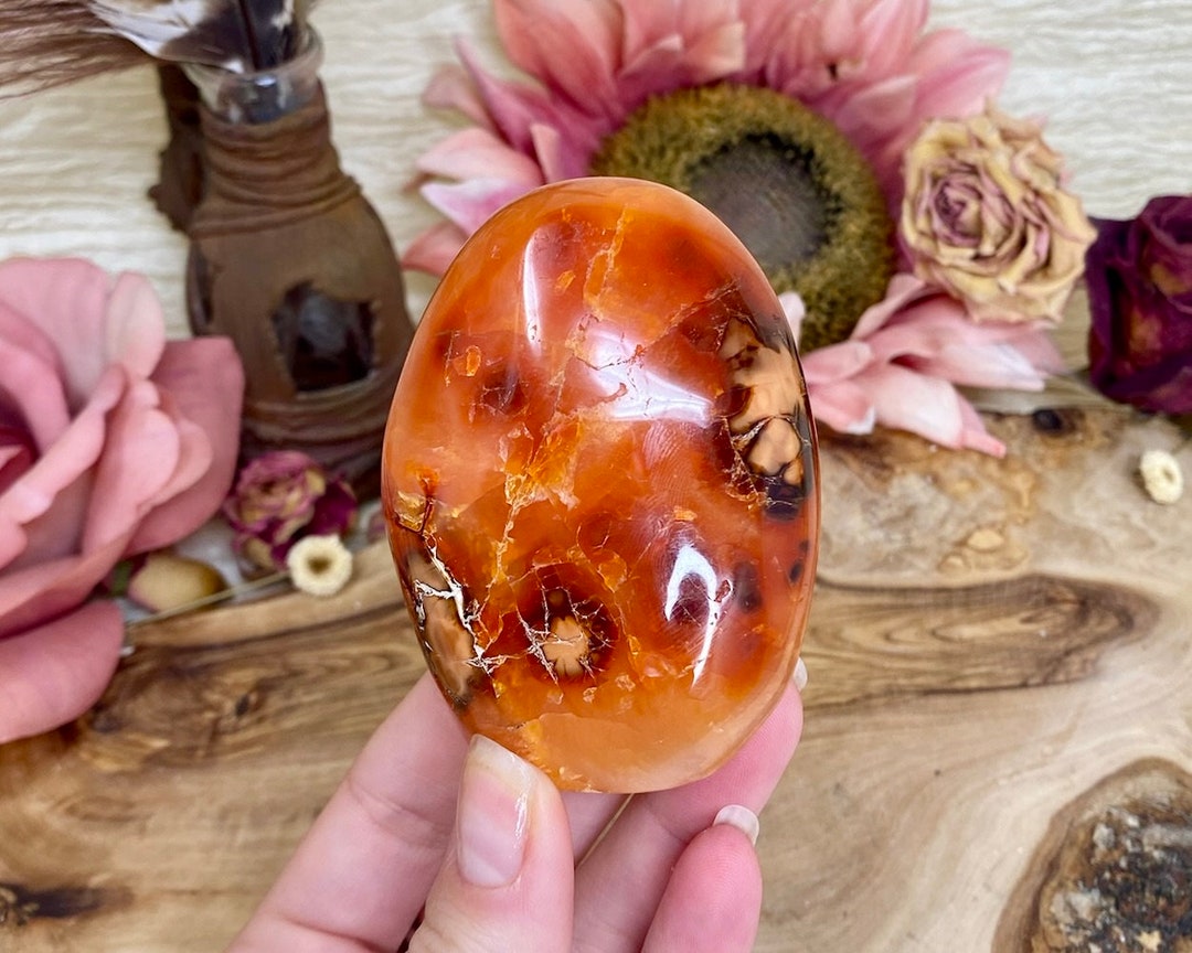 Carnelian Crystal Palm Stone From Madagascar, Polished Red Agate ...